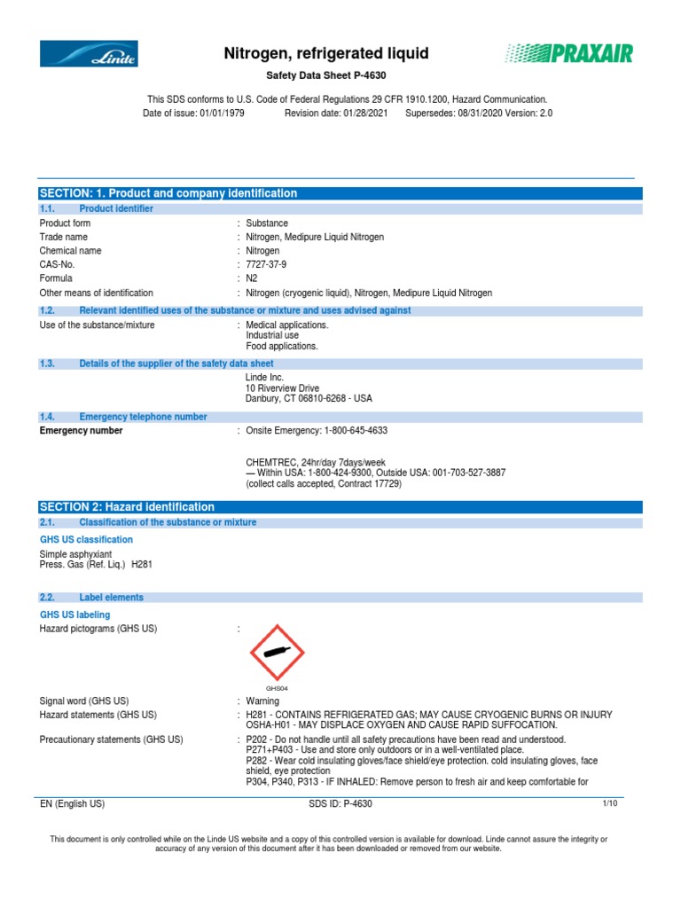 Liquid Nitrogen Medipure Gas n2 Safety Data Sheet Sds p4630 | Download ...