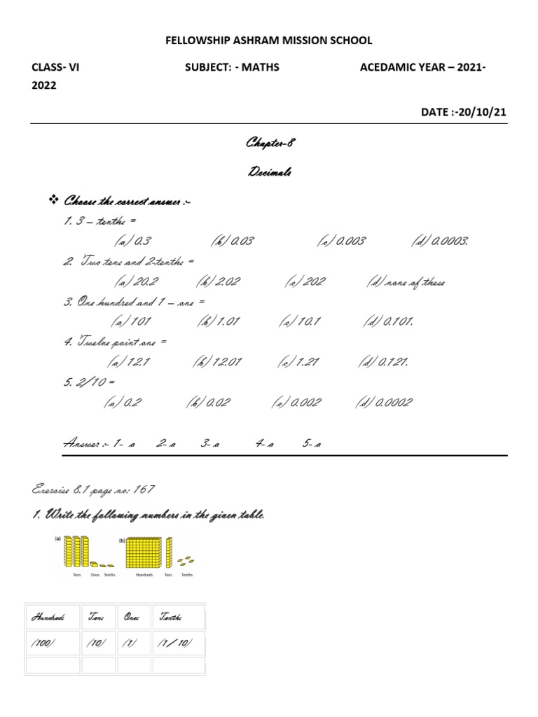 MATHS - 6 Chapter - 8 Decimals | PDF | Numbers | Mathematics