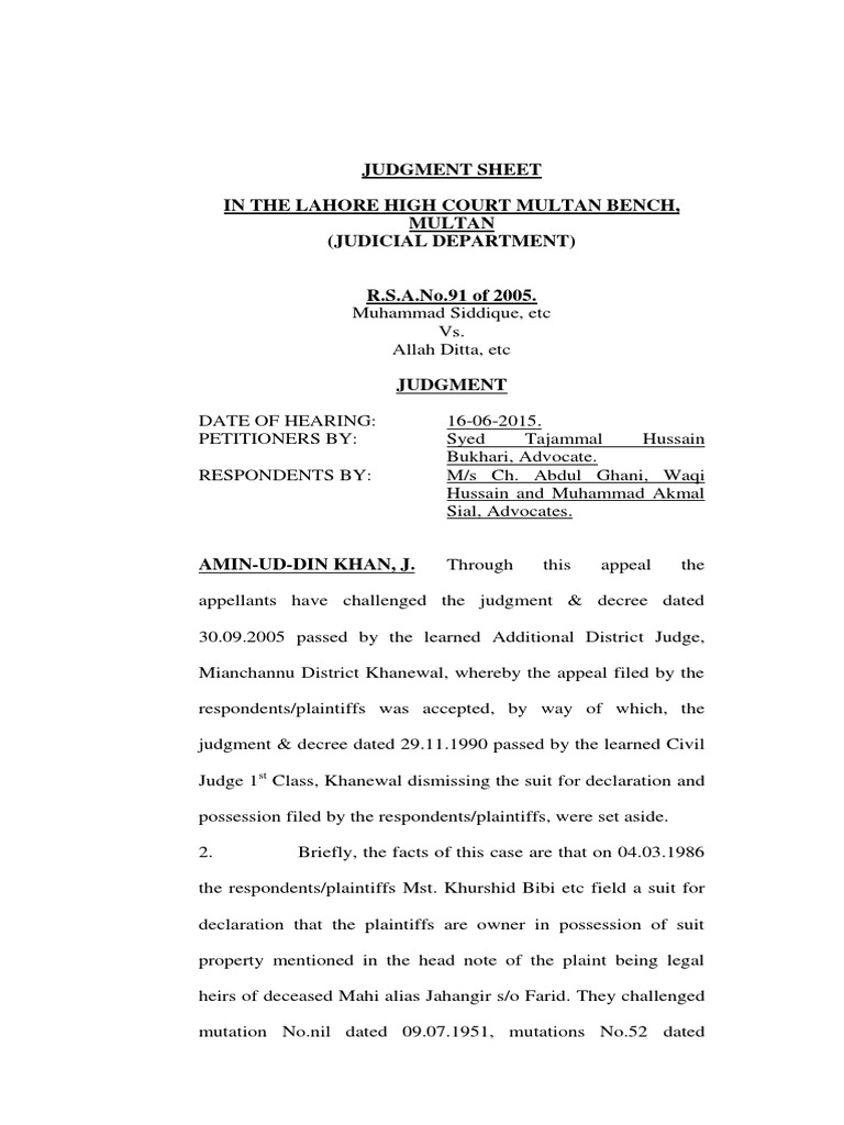 Judgment Sheet in The Lahore High Court Multan Bench, Multan (Judicial ...