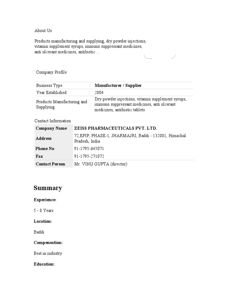 Company Name Zeiss Pharmaceuticals Pvt. Ltd. Address Phone No Fax ...