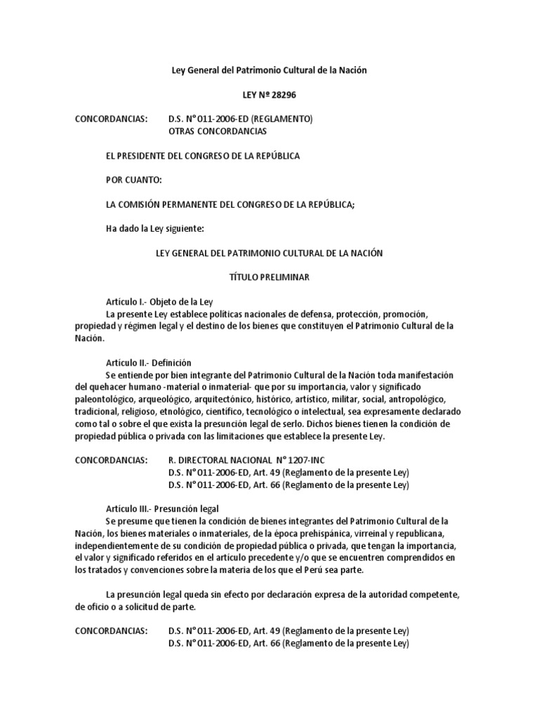 Ley 28296 Ley General Patrimonio Cultural Nacion | PDF | Propiedad | Patrimonio cultural