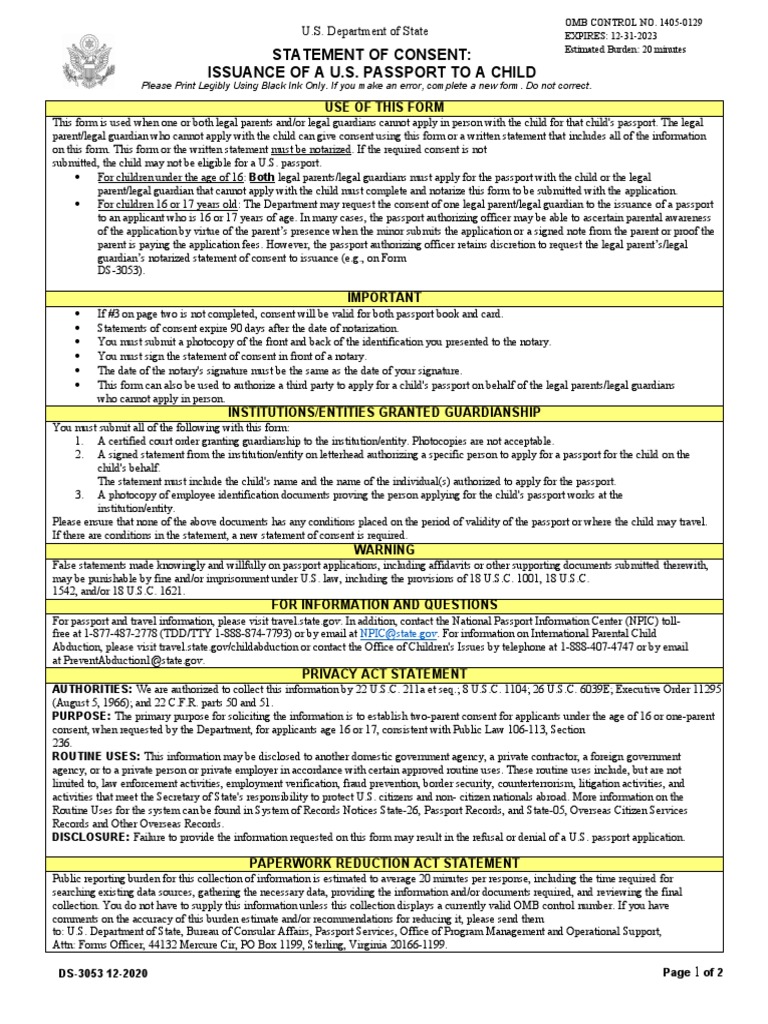 Statement of Consent: Issuance of A U.S. Passport To A Child | PDF ...
