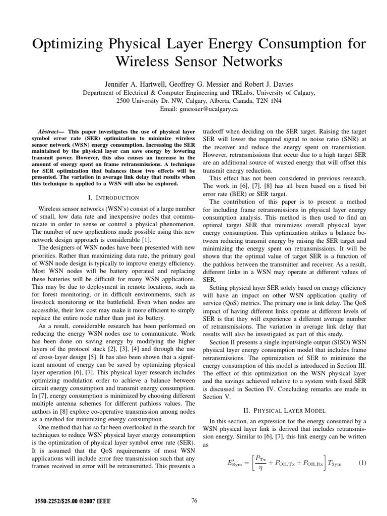 Optimizing Physical Layer Energy Con Sump Tin For Wireless Sensor Networks | PDF | Wireless ...