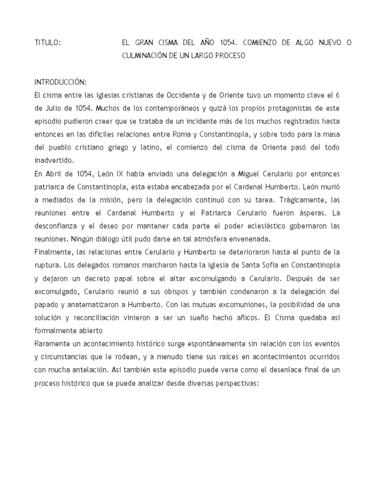 El Cisma de 1054: Ruptura y Contexto | PDF | Papa | Iglesia Católica