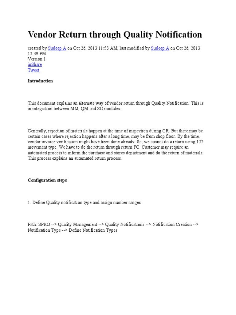 Vendor Return Through Quality Notification | PDF | Invoice ...