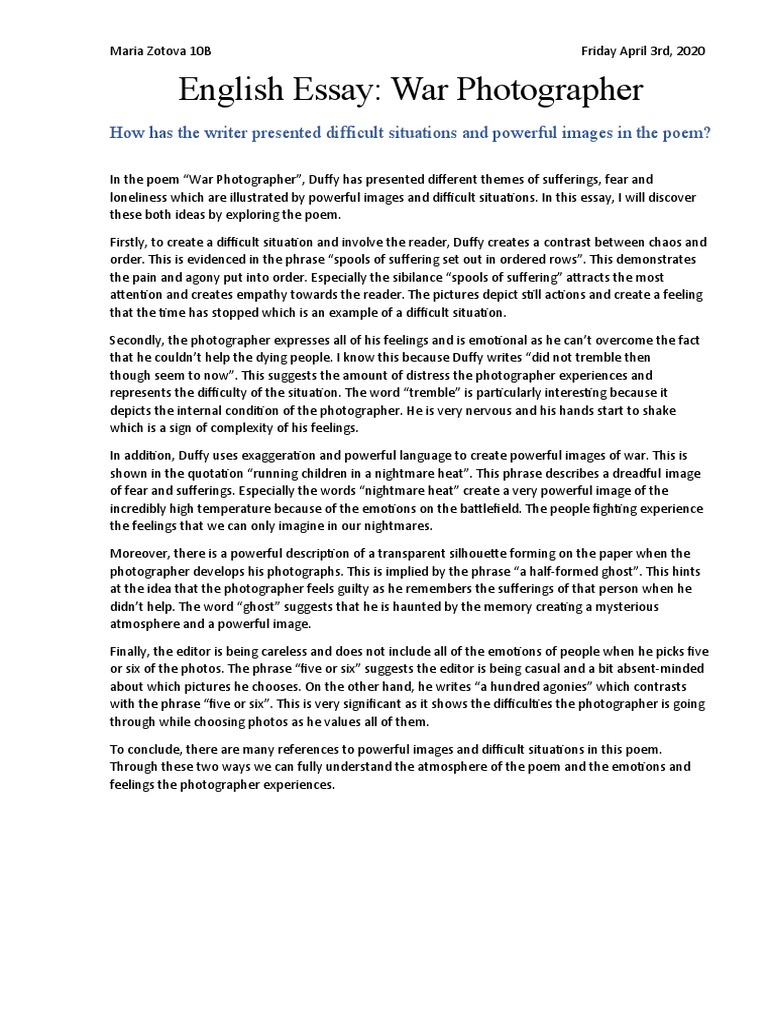English Essay: War Photographer: How Has The Writer Presented Difficult ...
