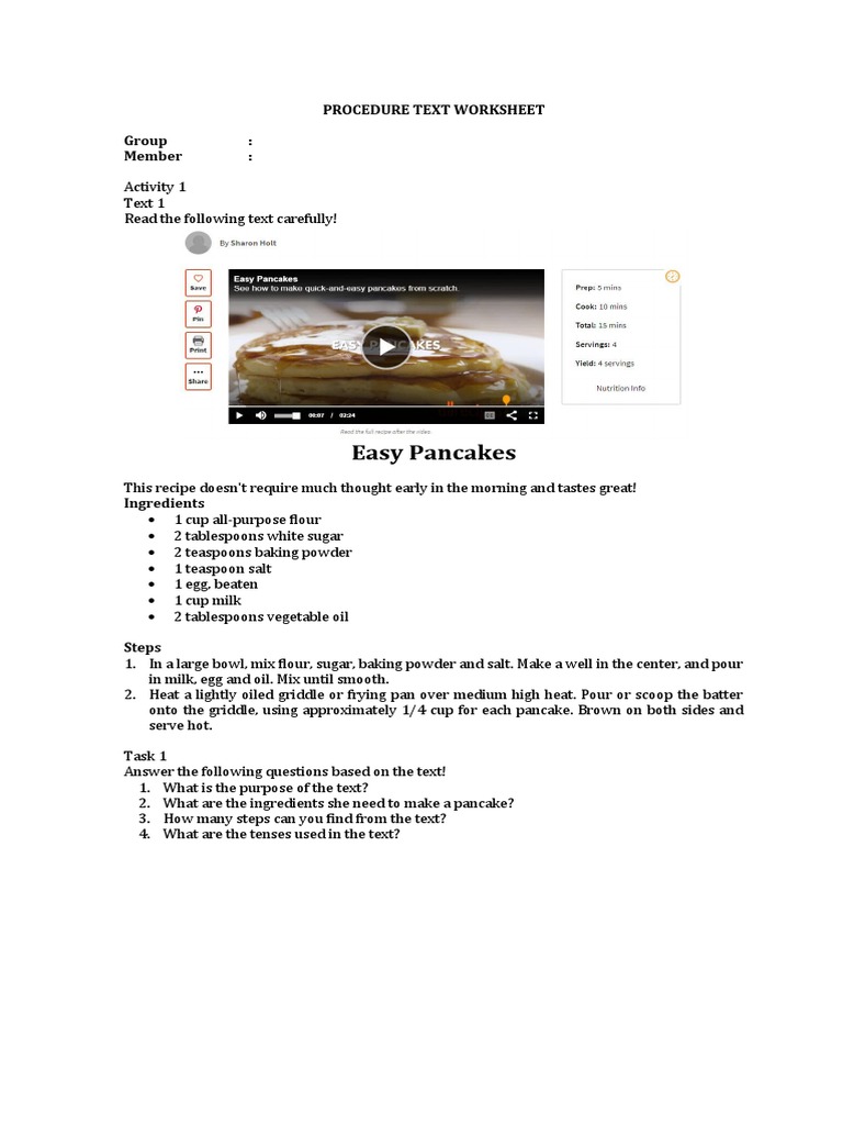 Easy Pancakes: Procedure Text Worksheet Group: Member | PDF | Pancake ...