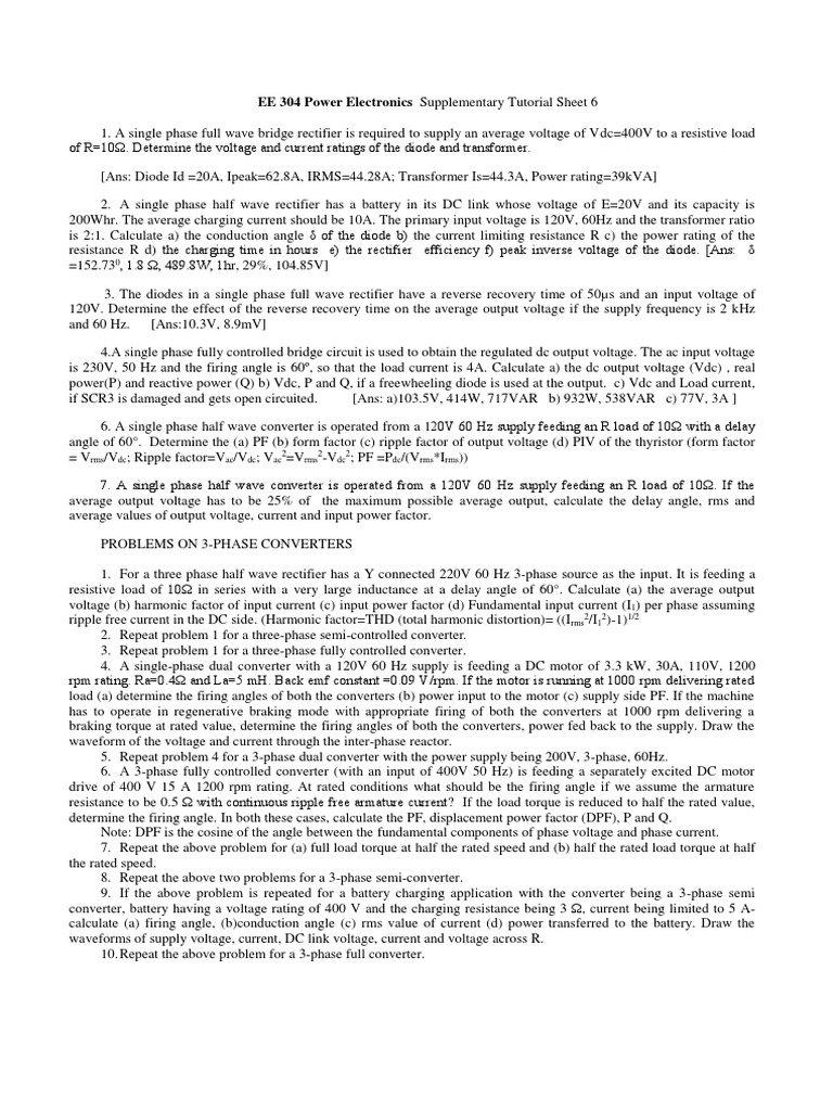 Supplementary Tutorial Sheet 6 | PDF | Rectifier | Mains Electricity