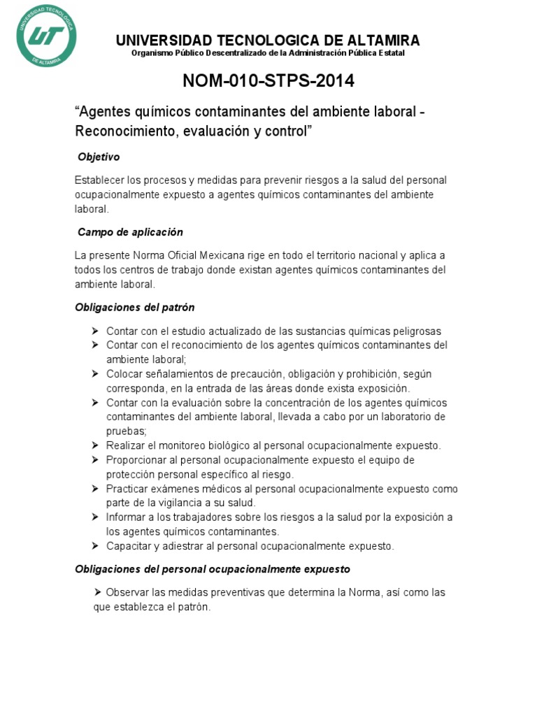 Nom 010 STPS 2014 | PDF | Contaminación | Evaluación