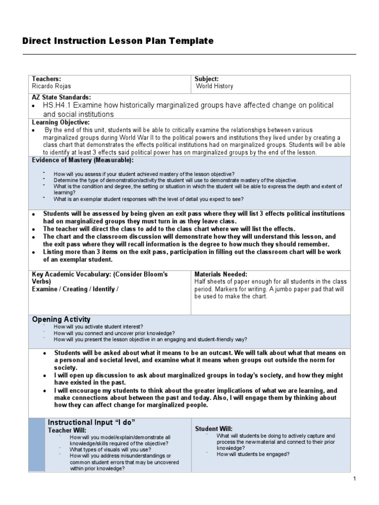 Direct Instruction Lesson Plan Template | PDF | Teachers | Lesson Plan