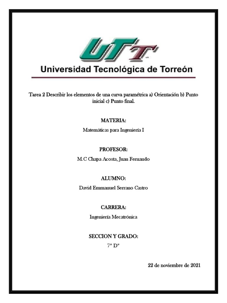 Tarea 2 Describir Los Elementos de Una Curva Paramétrica A) Orientación ...