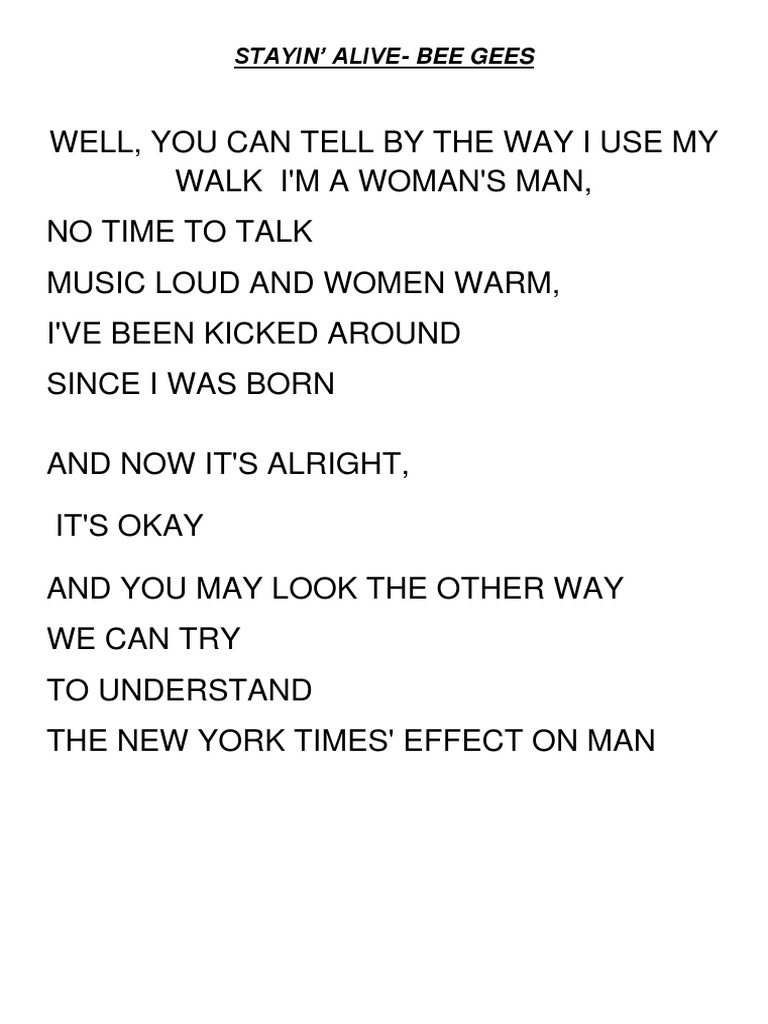 Bee Gees Stayin Alive Lyrics