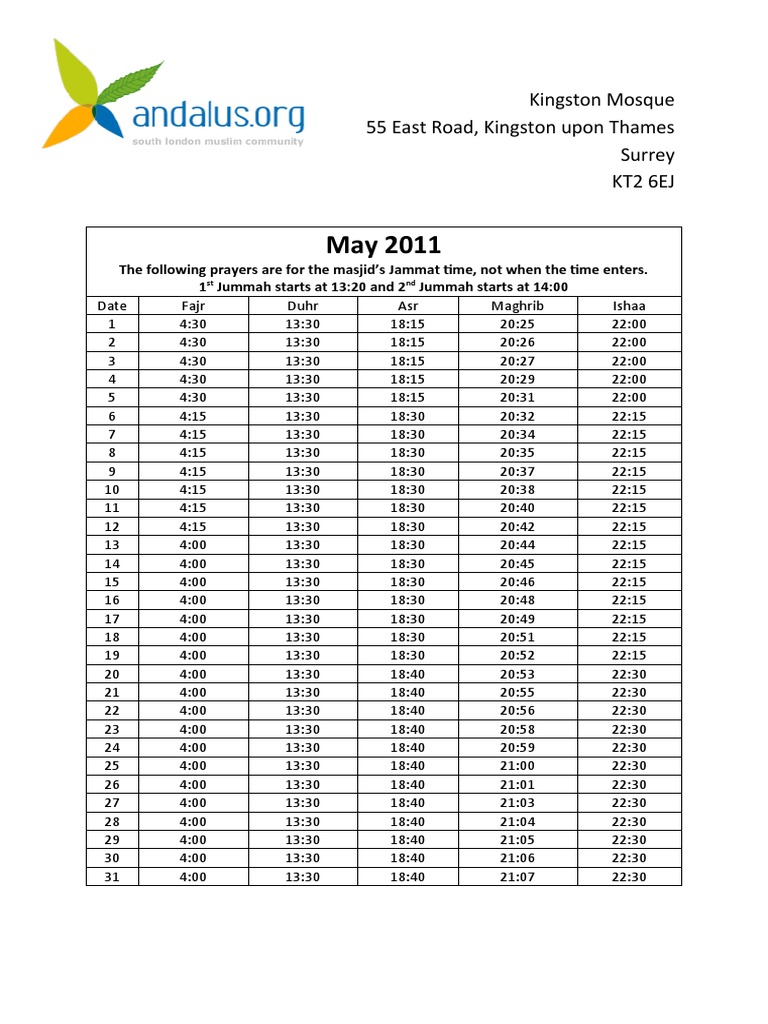 Kingston Mosque Prayer Timetable | PDF | Prayer | Islamic Fundamentalism