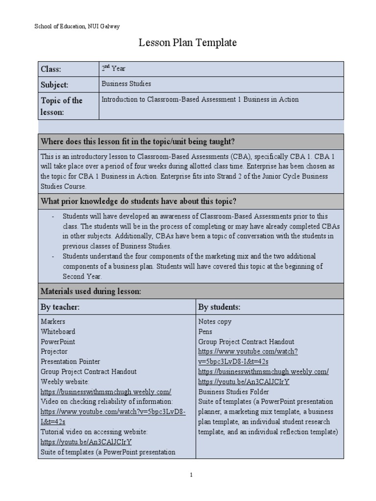 Part C - Lesson Plan Cba 1 Introduction | PDF | Educational Assessment ...