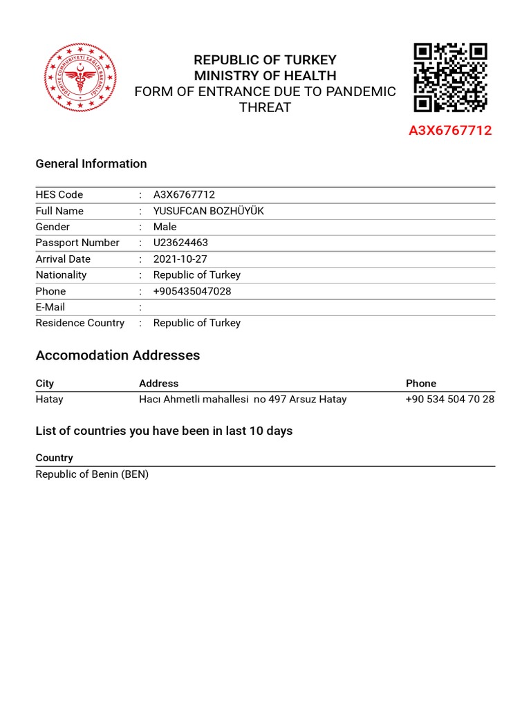 Turkey Pandemic Entry Form Details | PDF