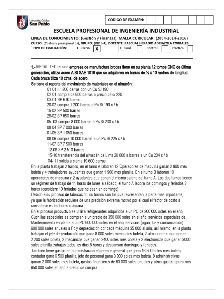 1 ° Examen Parcial Ind6-4 2021 | PDF | Costo | Mercado (economía)