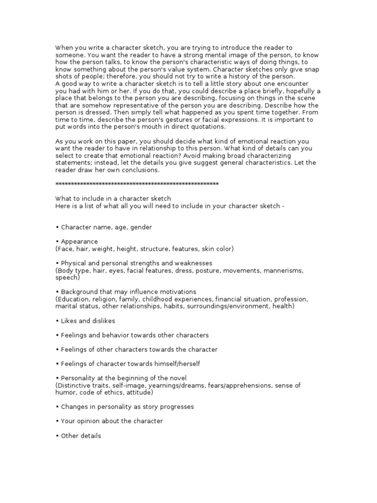 How to Write a Character Sketch | PDF | Screenplay | Attitude (Psychology)