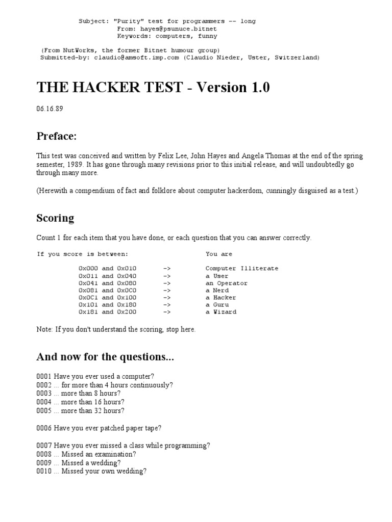 The HACKER TEST Version 10 by Felix Lee John Hayes and Angela Thomas | PDF
