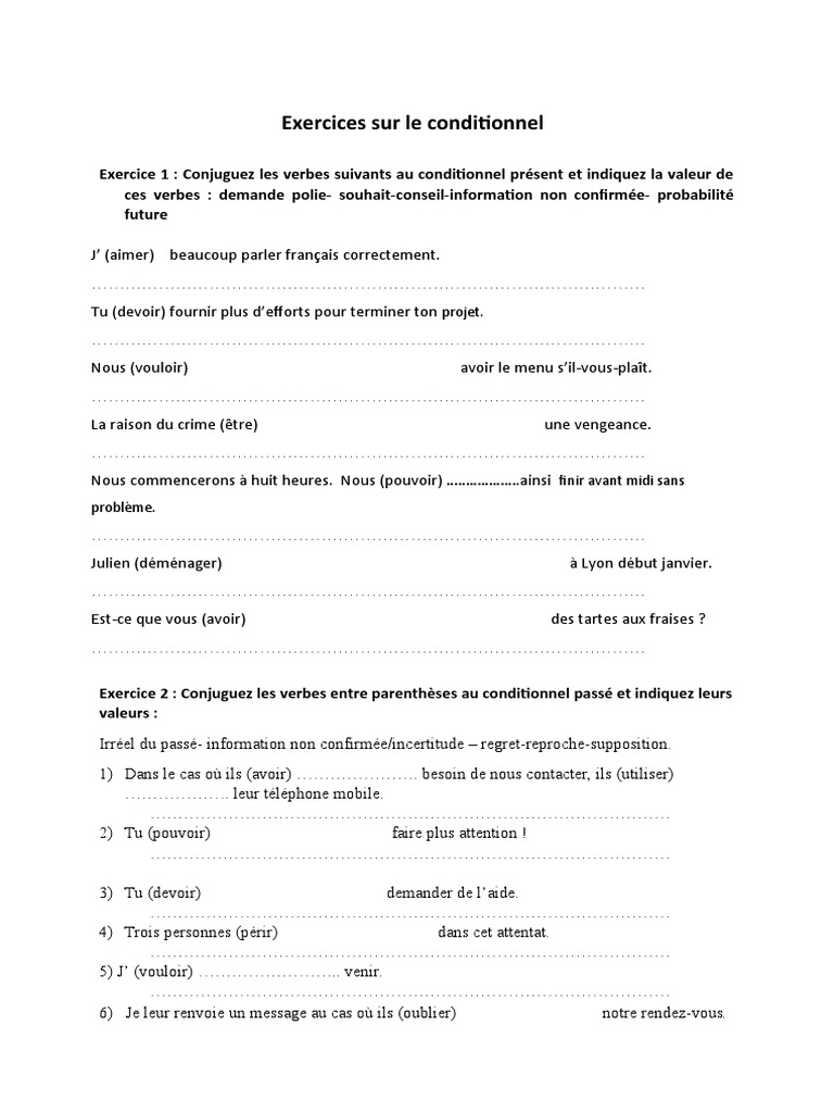 Exercices de conjugaison conditionnelle | PDF | Relations syntaxiques ...