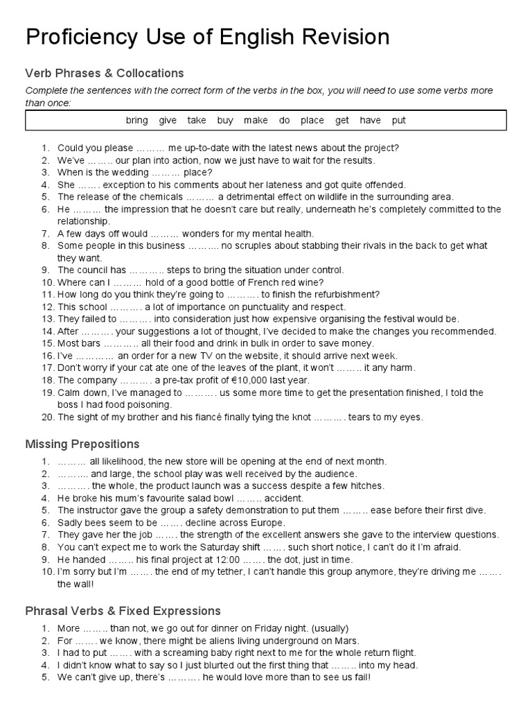 Proficiency Use of English Revision: Verb Phrases & Collocations | PDF ...