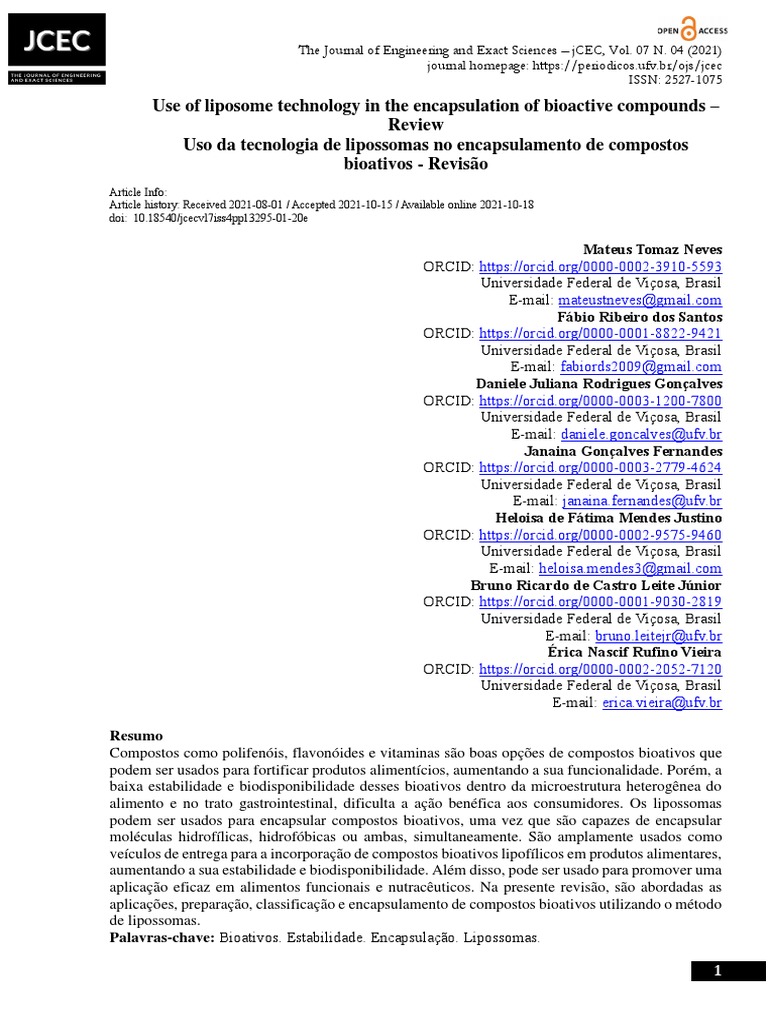 Encapsulação de Compostos Bioativos com Lipossomas | PDF | Fosfolipídeo ...