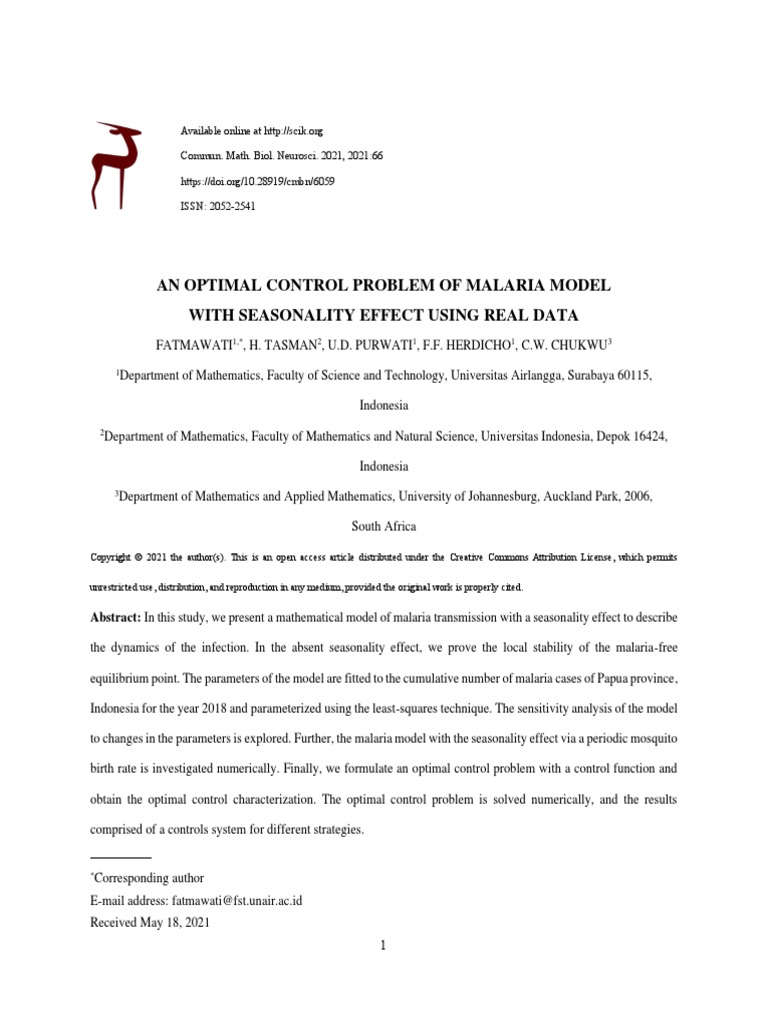An Optimal Control Problem of Malaria Model With Seasonality Effect Using Real Data | PDF ...