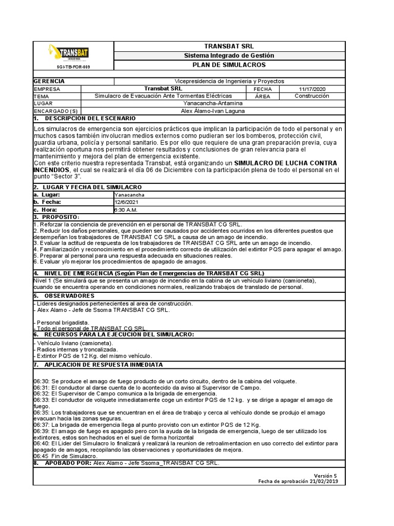 Sgi-tb-For-009 Formatos Plan de Simulacro - Lucha Contra Incendios - Dic - 2020 | PDF | Tecnología