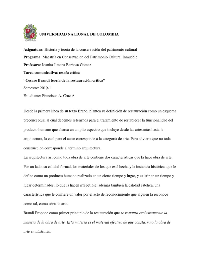 Reseña Crítica Cesare Brandi Teoría de La Restauración Crítica v02 ...