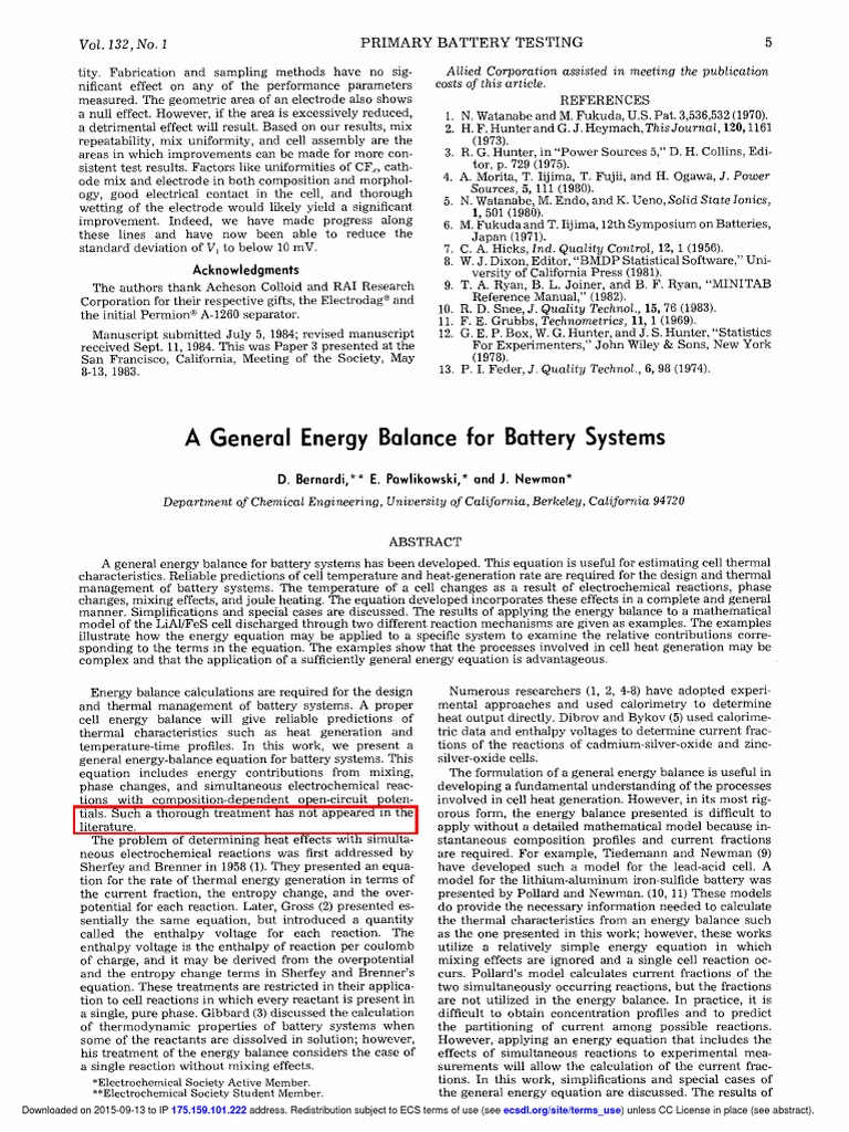 A General Energy Balance For Battery Systems | Download Free PDF ...