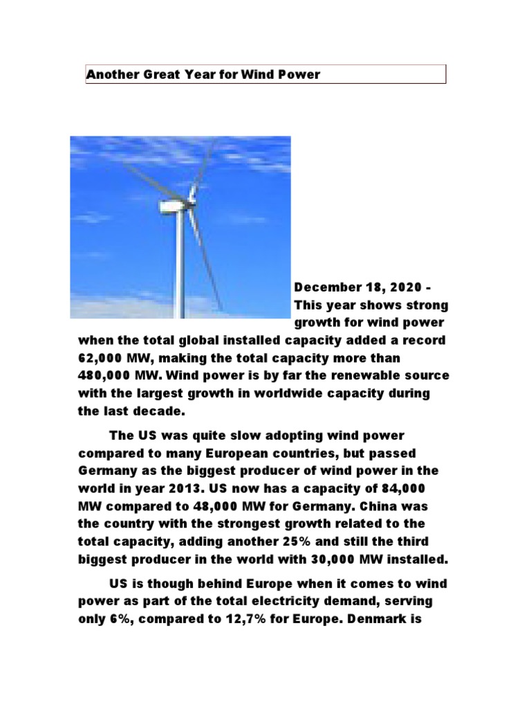 Another Great Year For Wind Power | PDF | Wind Power | Offshore Wind Power