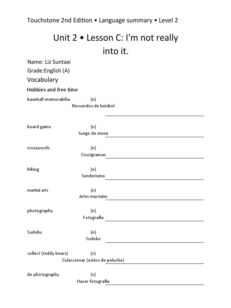 Unit 2 - Lesson C: I'm Not Really Into It.: Touchstone 2nd Edition - Language Summary - Level 2 ...