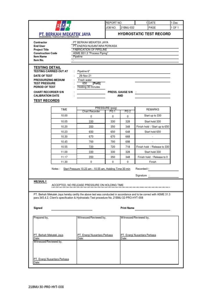 Report Hydrostatic Test Pipeline 6 Inch | PDF | Mechanical Engineering