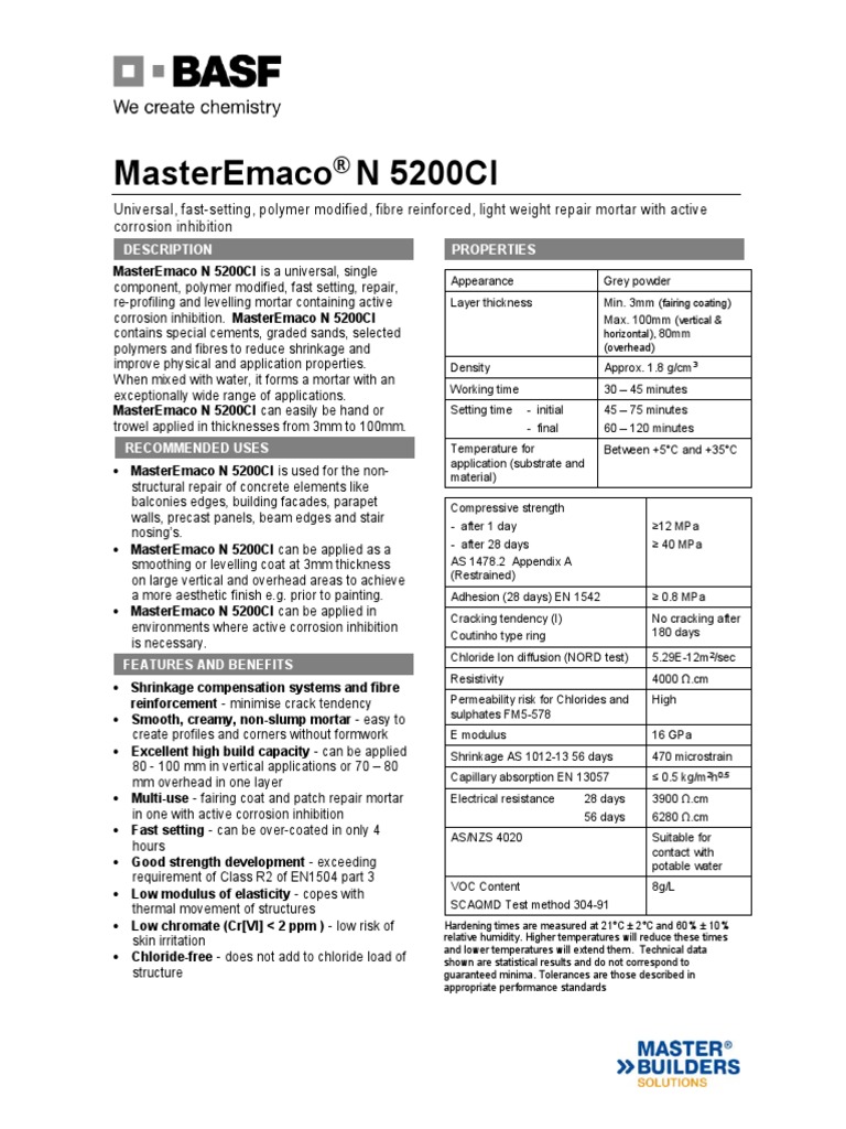 BASF - MasterEmaco N 5200CI - TDS | PDF | Concrete | Corrosion