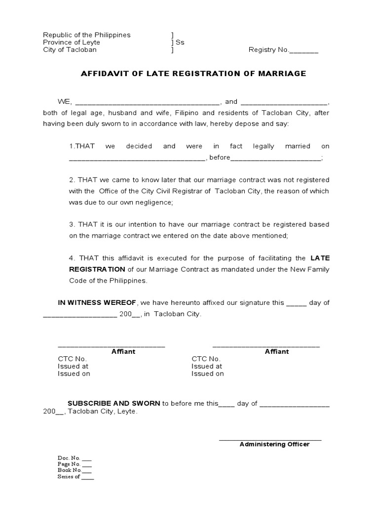 Affidavit of Late Registration of Marriage CIVIL REGISTRY FORM | PDF