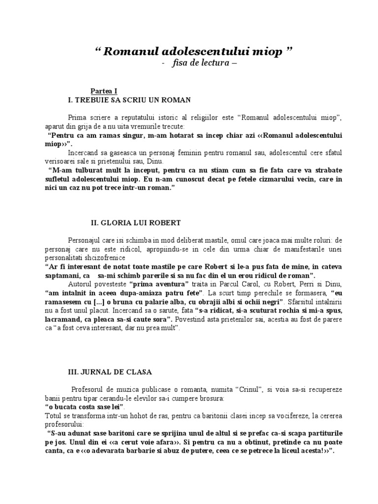 Fise Romanul Adolescentului Miop | PDF