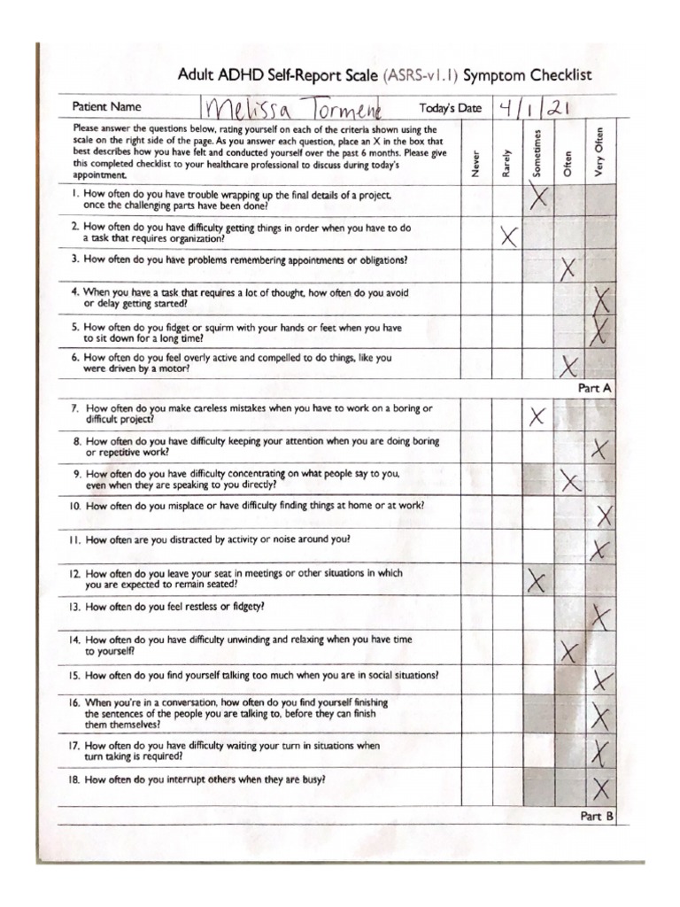 Adult ADHD Self-Report Scale (ASRS-vI. I) Symptom Checklist | PDF