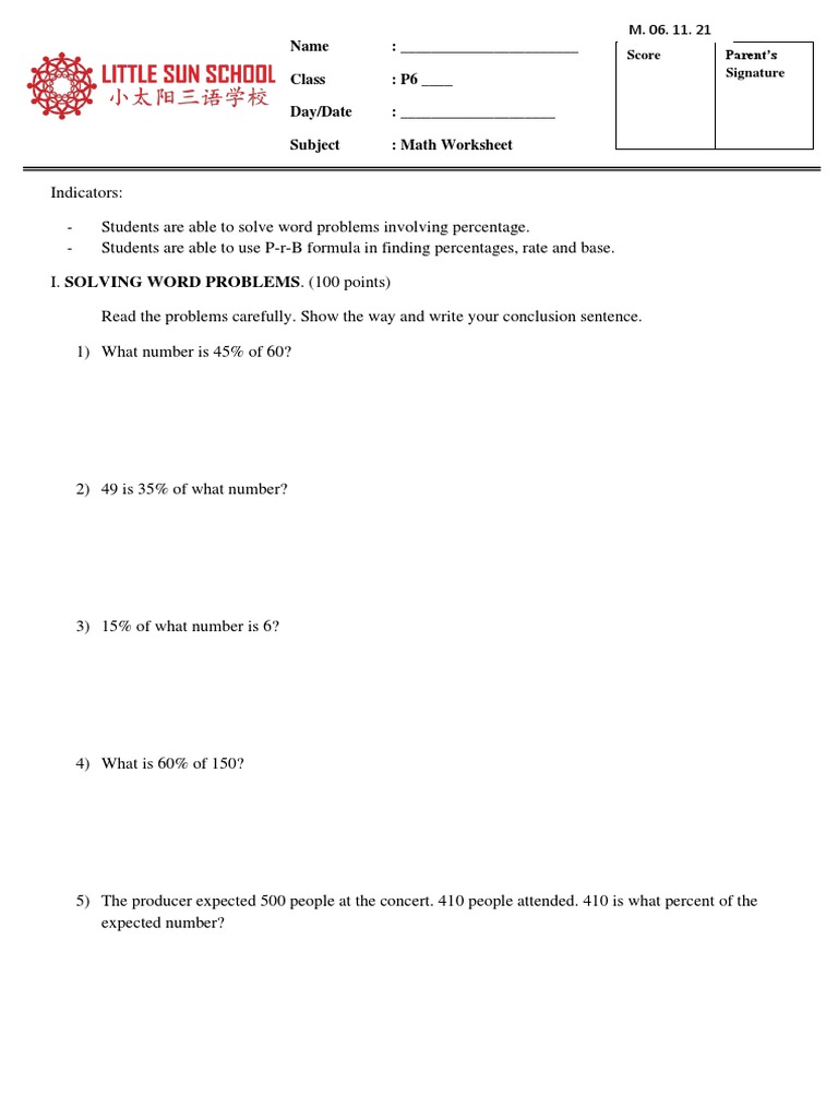 Name: - Class: P6 - Day/Date: - Subject: Math Worksheet | PDF