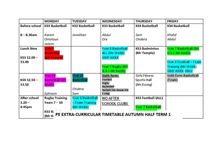 Extra Curricular Timetable | PDF