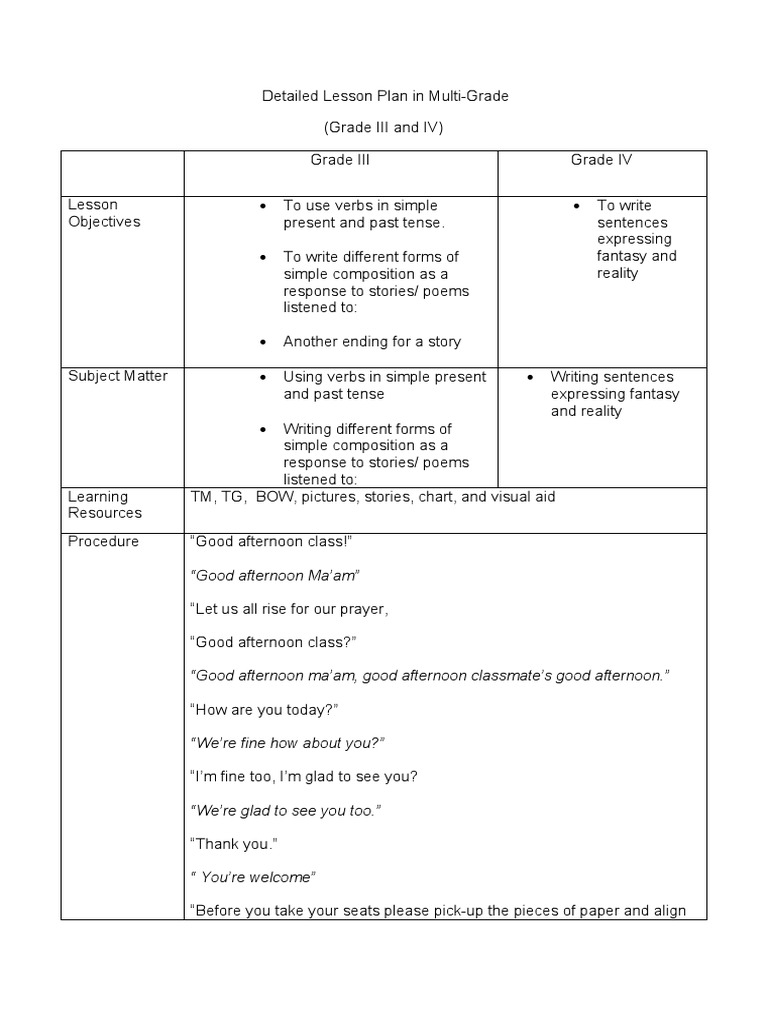 Multigrade Lesson Plan: Verbs & Composition | PDF | Grammatical Tense ...