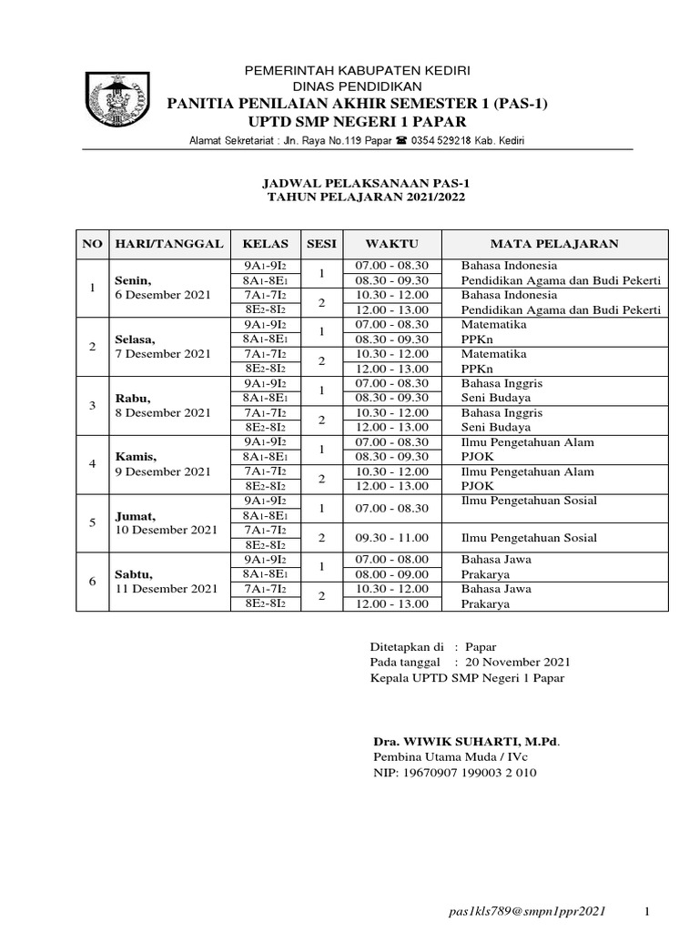 Jadwal Pas-1 Kelas 9f | PDF