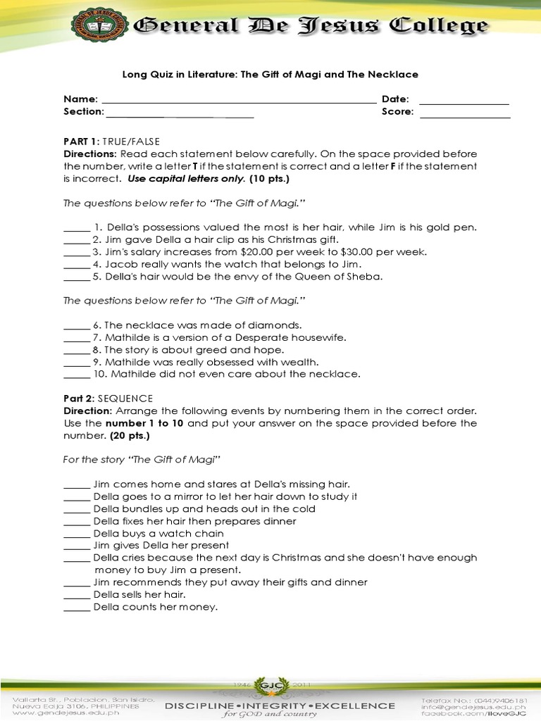 The Necklace and The Gift of Magi (Long Quiz) | PDF