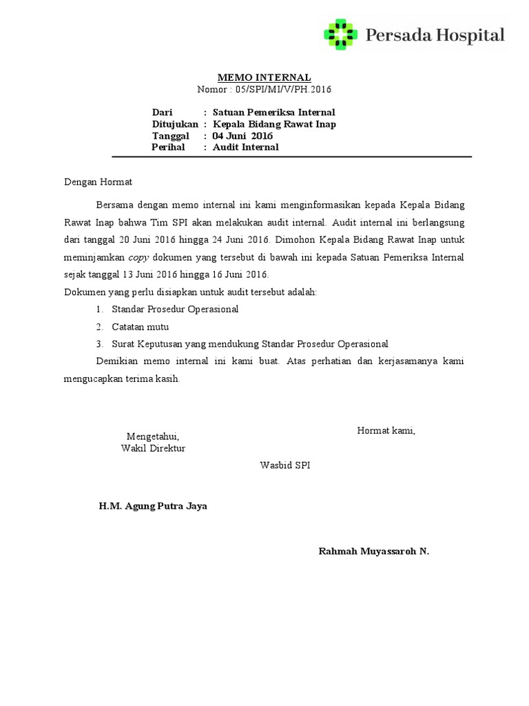 Memo Audit Internal Bidang Rawat Inap | PDF