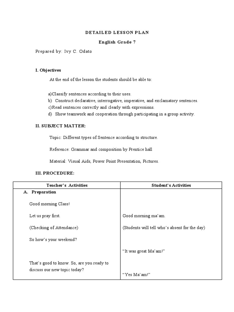 Detailed Lesson Plan English Grade 7 | PDF | Question | Sentence ...