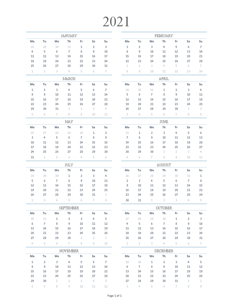 Any Year Calendar (Mon-Sun) 1 | PDF