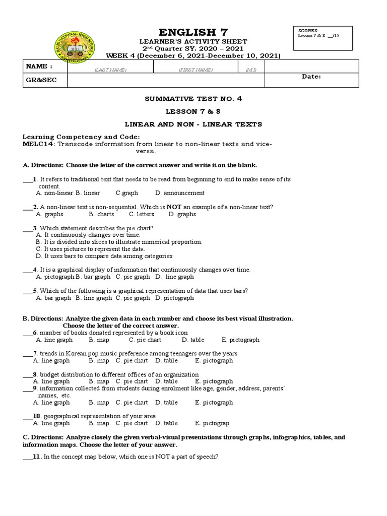 English 7: Summative Test No. 4 Lesson 7 & 8 Linear and Non - Linear ...
