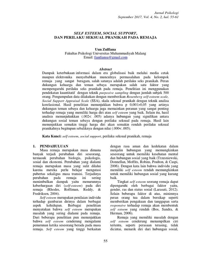 Zulfiana - Self Esteem Social Support Perilaku Seksual Pranikah Remaja | PDF