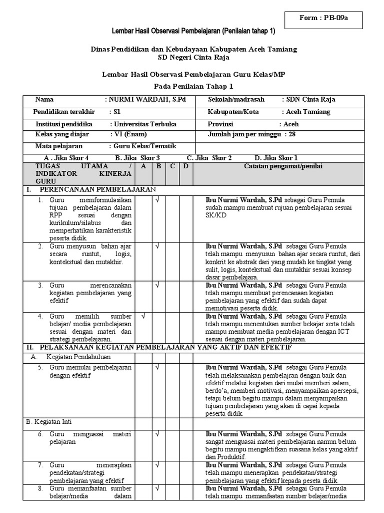 Lembar Hasil Observasi Pembelajaran (Penilaian Tahap 1) : Form: PB-09a | PDF | Karier & Perkembangan