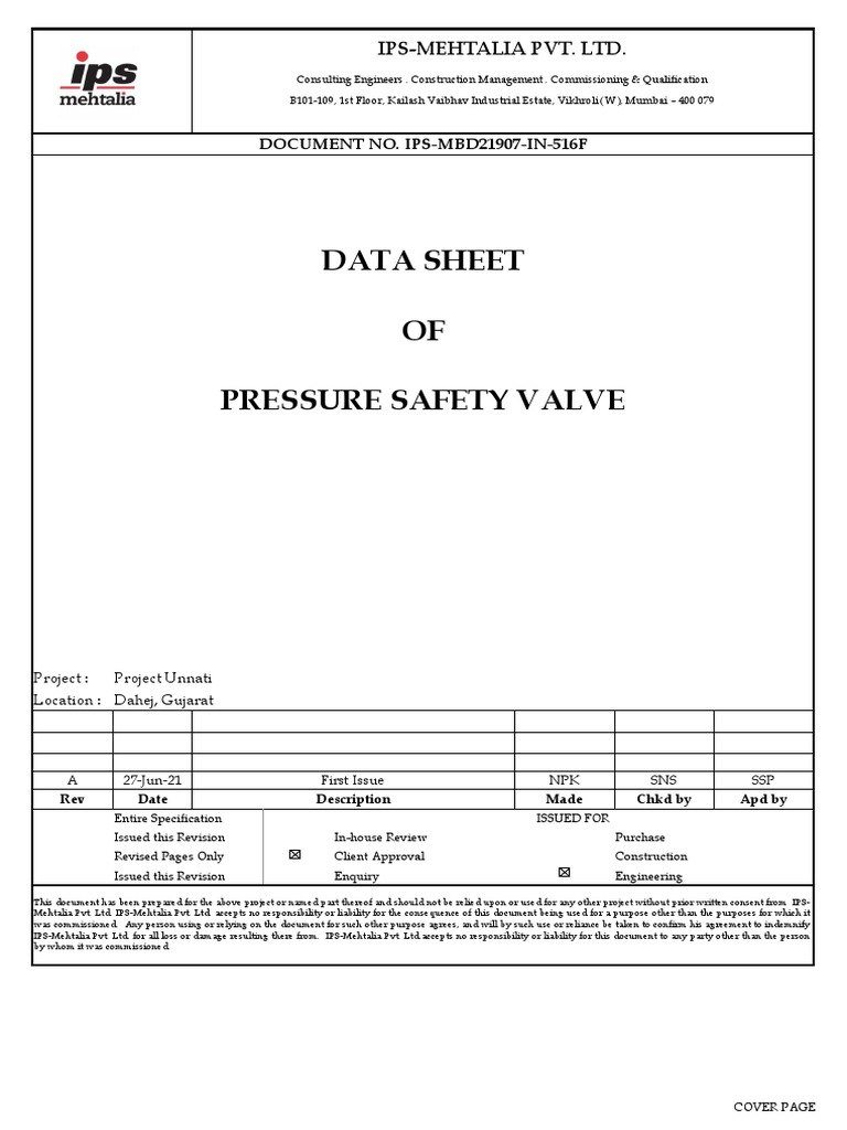 IPS MBD21907 in 516F Data Sheet of Pressure Safety Valve A | PDF ...