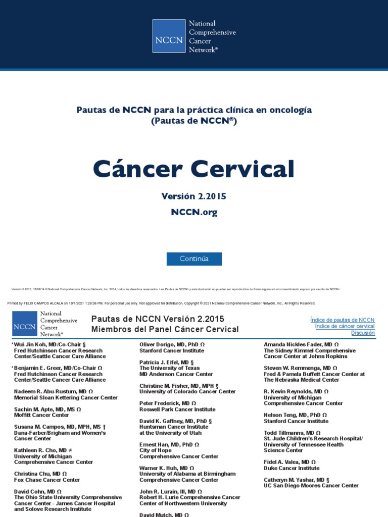 Cáncer Cervical: Pautas de NCCN para La Práctica Clínica en Oncología ...