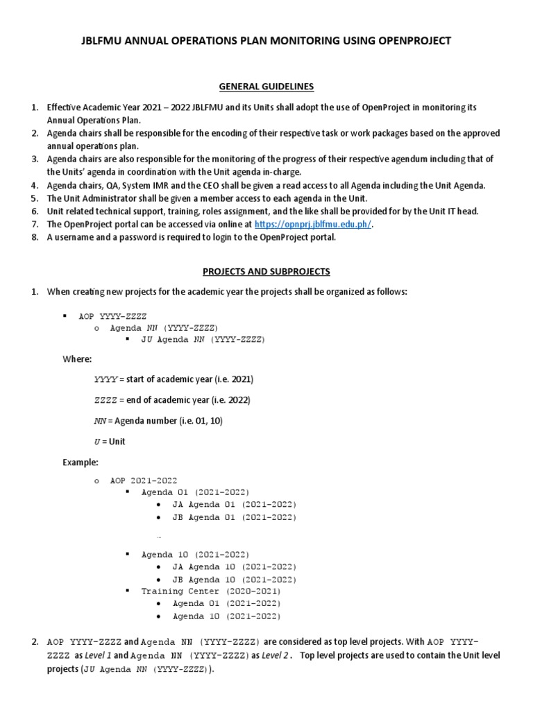 Jblfmu Annual Operations Plan Monitoring Using Openproject: General ...